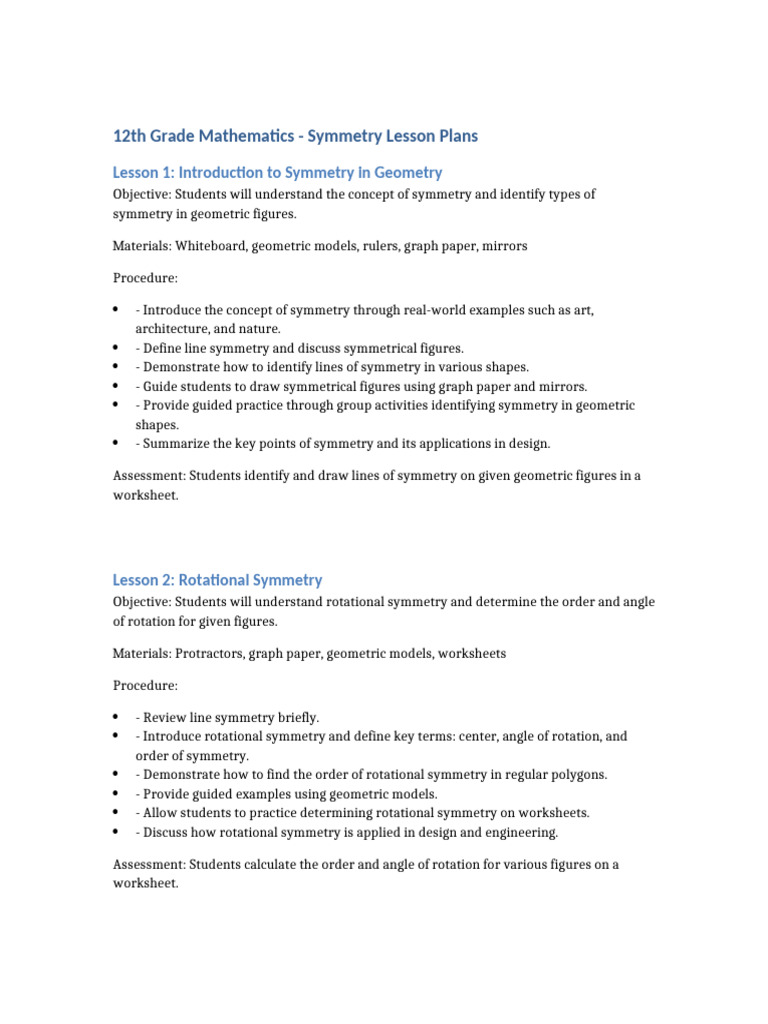 12th Grade Symmetry Lesson Plans | PDF | Symmetry | Geometry