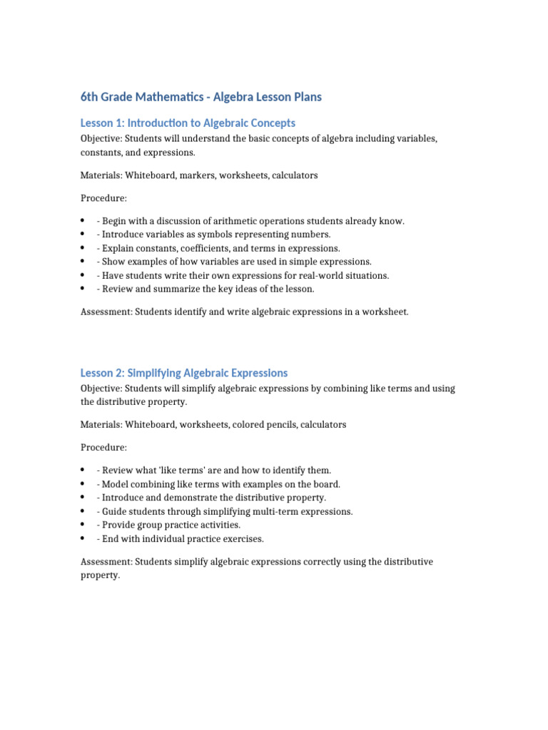 6th Grade Algebra Lesson Plans v2 | PDF | Algebra | Equations