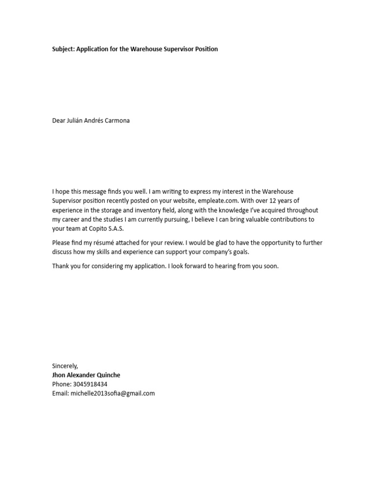 Warehouse Supervisor Application Letter | PDF