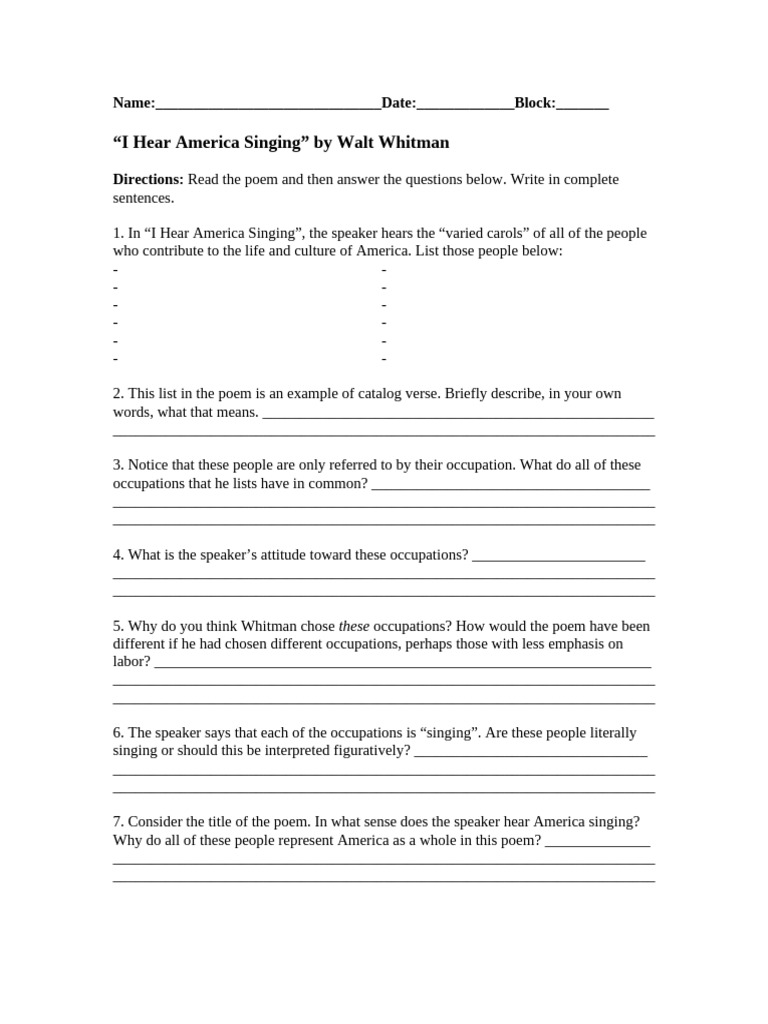 "I Hear America Singing" by Walt Whitman: Name: - Date: - Block | PDF