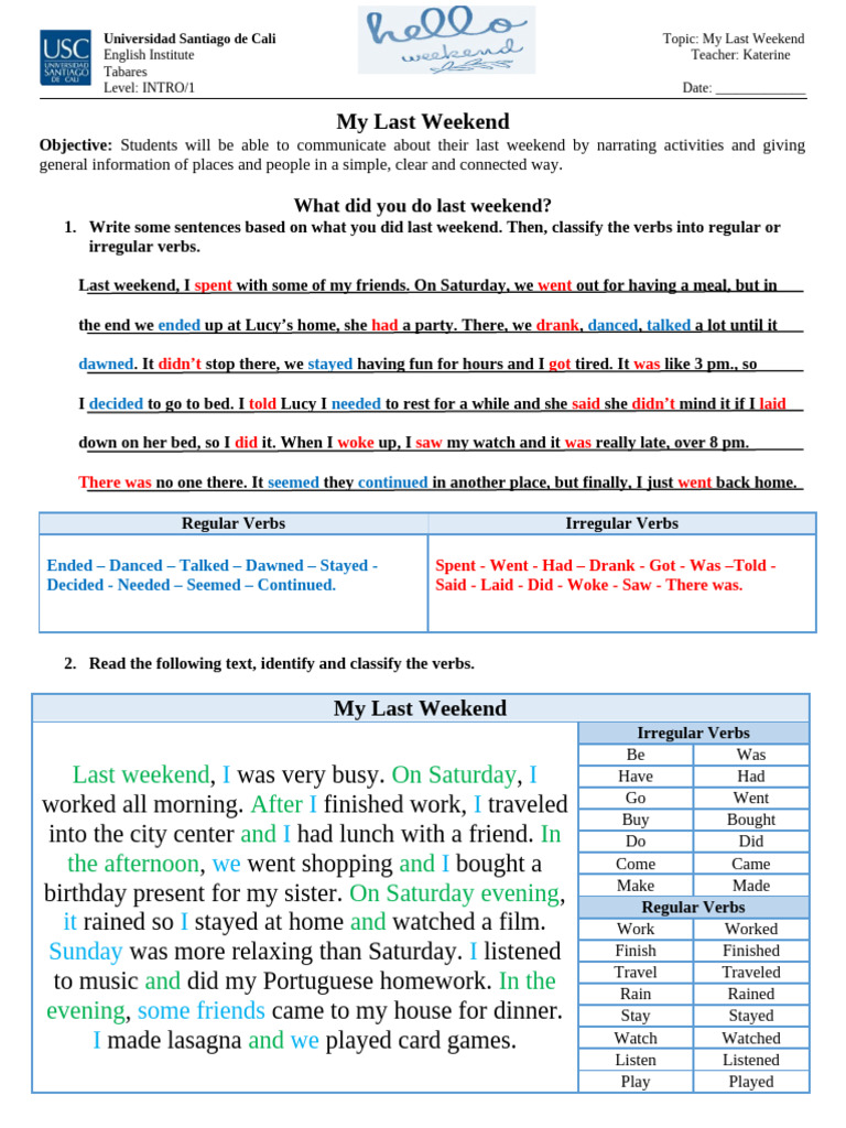 My Last Weekend Workshop | PDF | Grammatical Tense | Verb