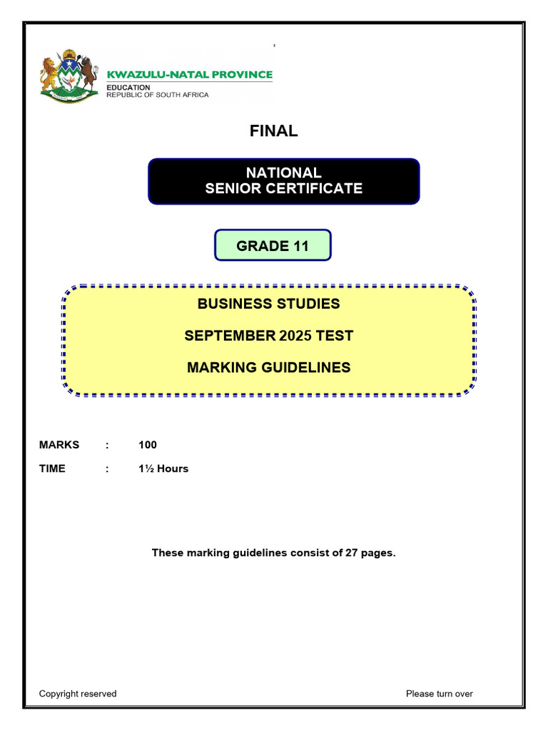 Business Studies Grade 11 Marking Guide 2025 | PDF | Entrepreneurship ...