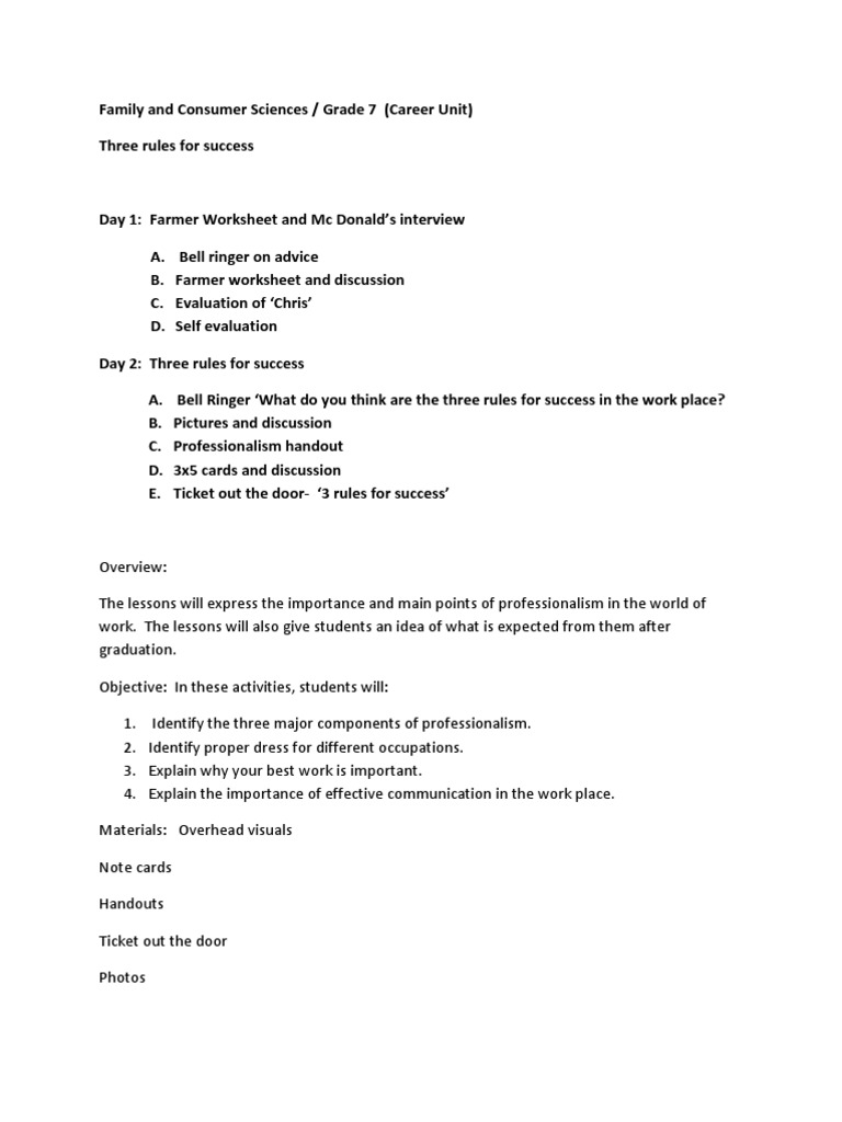 Family and Consumer Sciences Career Unit Professionalism 2 Day Lesson ...