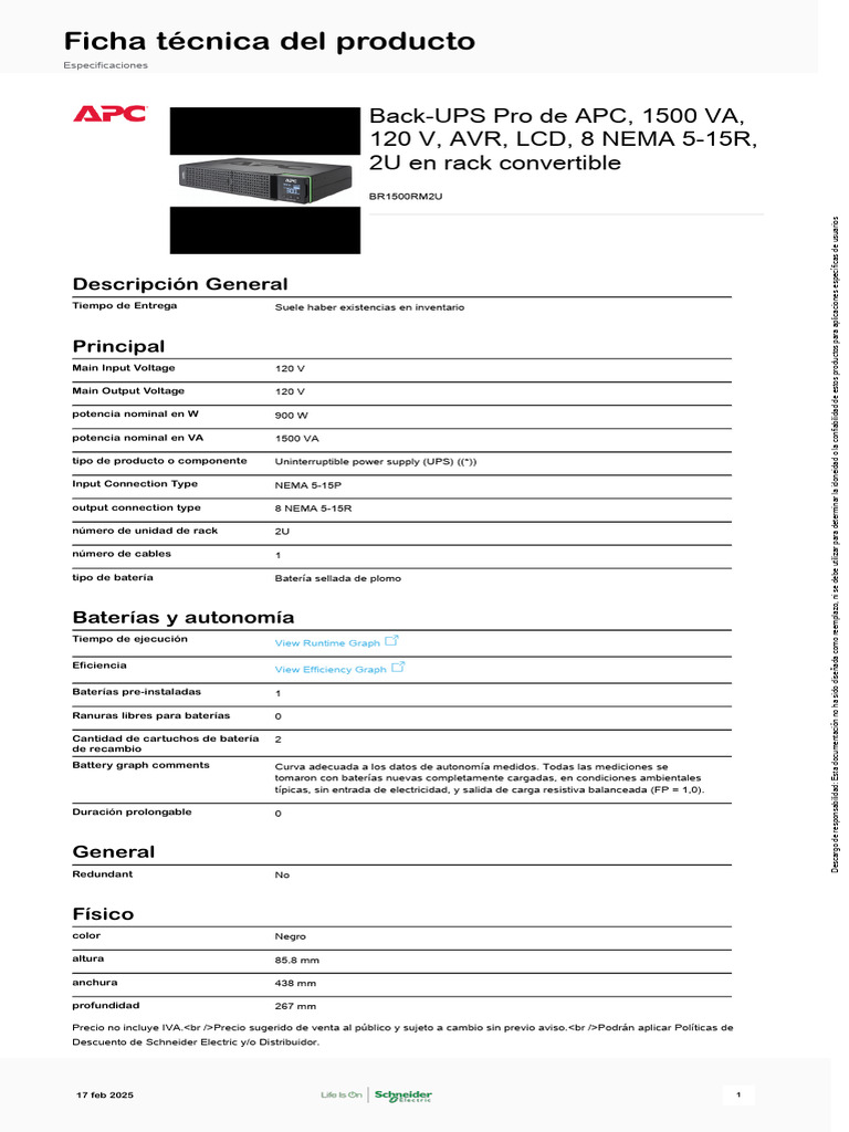 Schneider Electric BackUPS-Pro BR1500RM2U | PDF | Cantidades fisicas