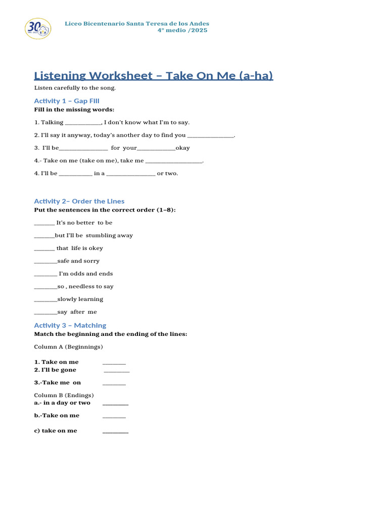 Listening Worksheet: Take On Me Activities | PDF