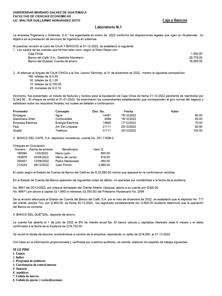 Caso Práctico No. 1 (Caja y Bancos) - 1 | PDF | Auditoría | Bancos