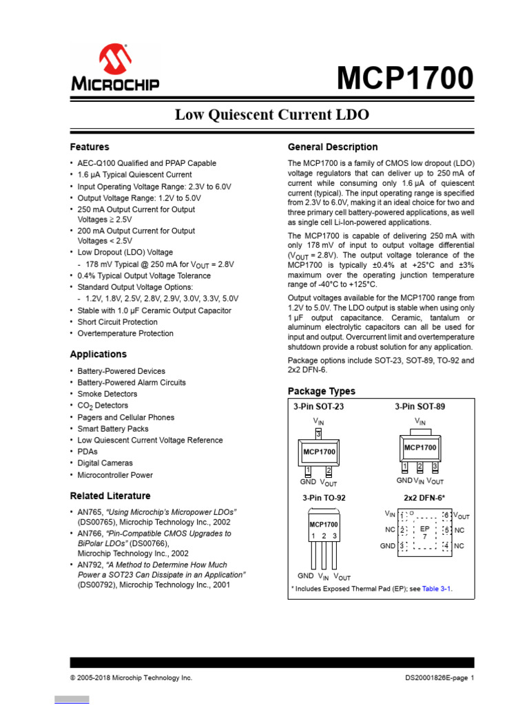 Mcp1700 Low Quiescent Current Ldo 20001826e | PDF | Electronic Circuits ...