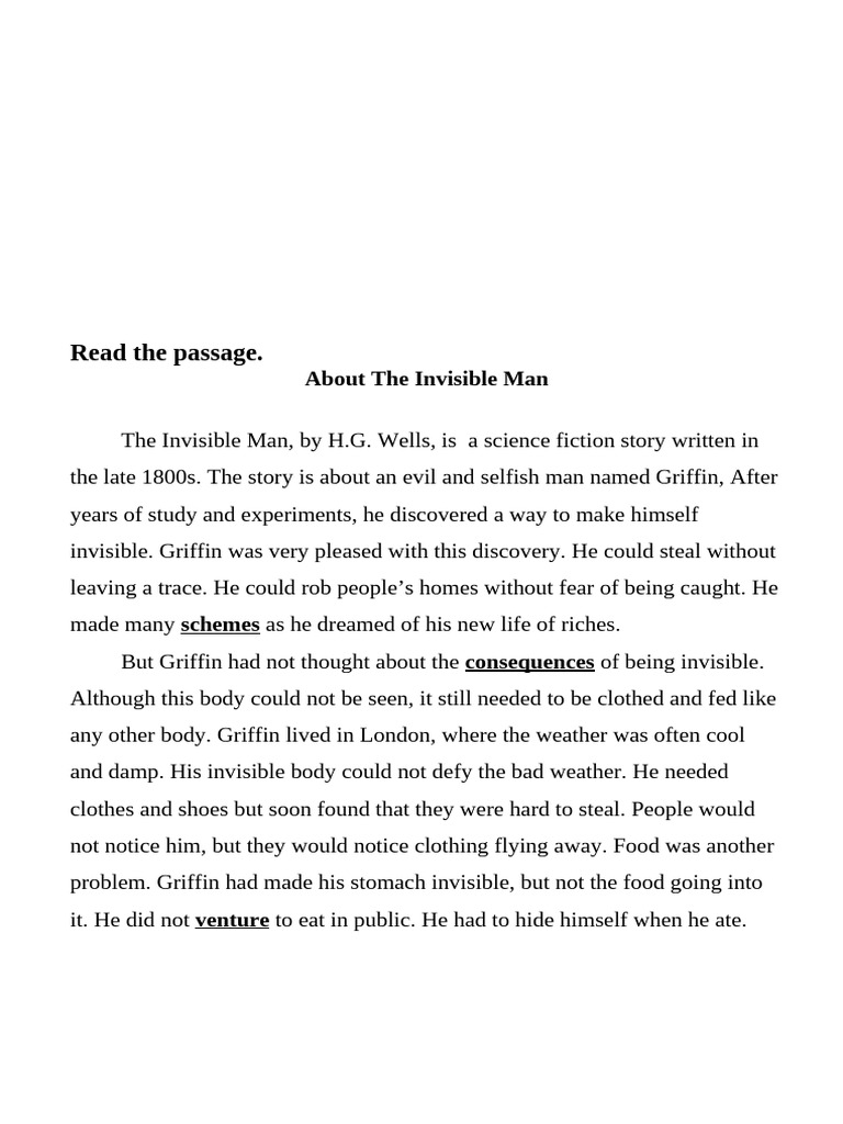 Term 1 Test 4 English Grade 6 The Invisible Man | PDF | The Invisible Man