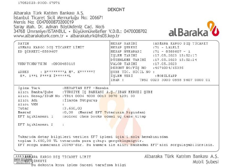 Albaraka Turk Mobile Branch Your Receipt | PDF