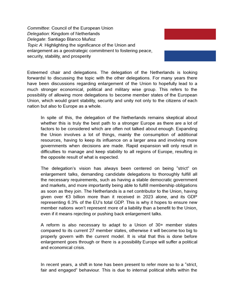 Position Paper - Kingdom of Netherlands-1 | PDF | Enlargement Of The European Union | Economies