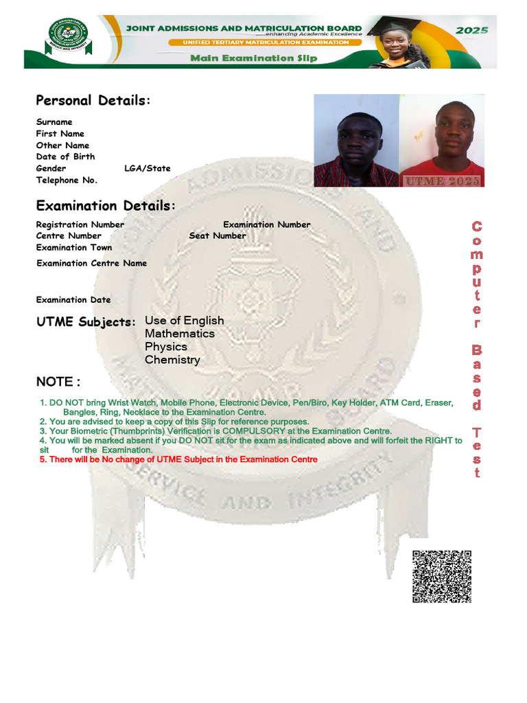 Main Examination Slip | PDF