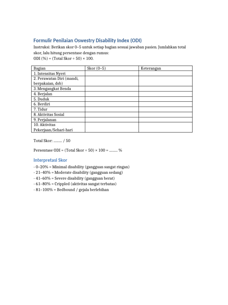 Penilaian Oswestry Disability Index (ODI) | PDF