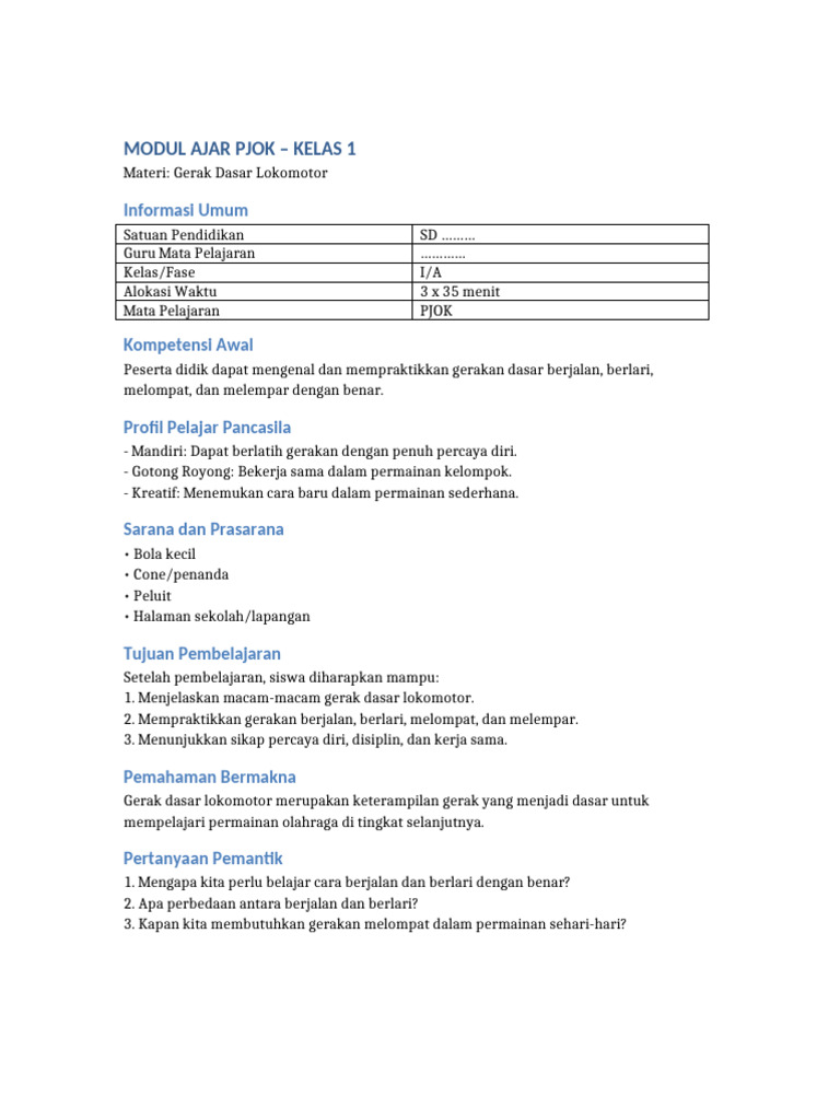 Modul Ajar PJOK Kelas 1: Gerak Lokomotor | PDF