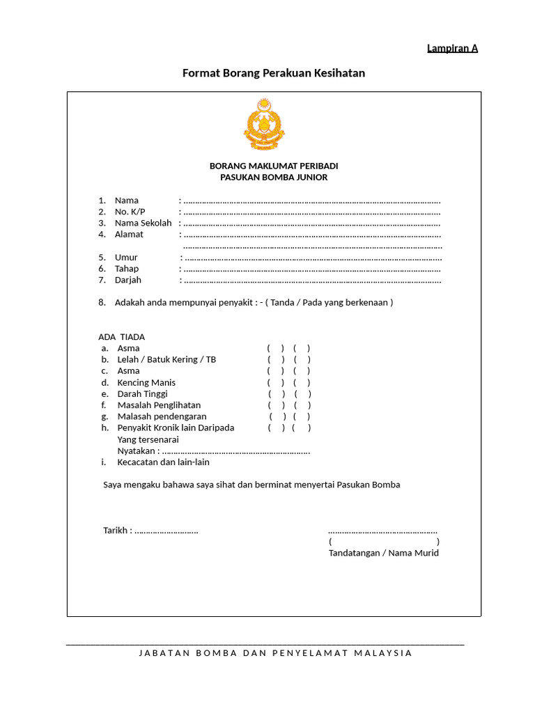 Lampiran A - Borang Maklumat Peribadi Bomba Junior | PDF