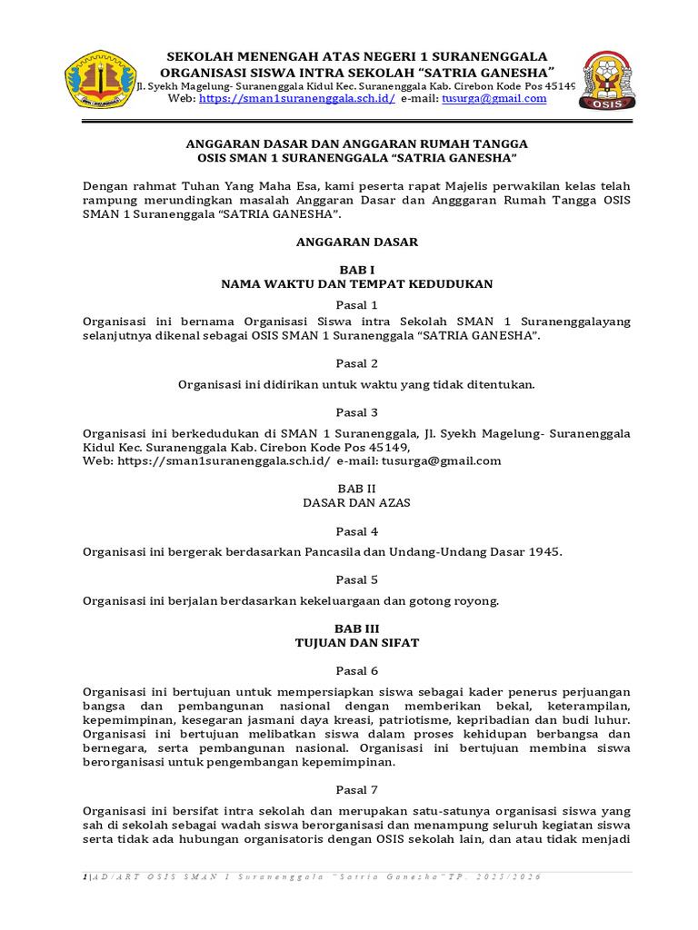 AD-ART-OSIS-SMAN 1 Suranenggala | PDF