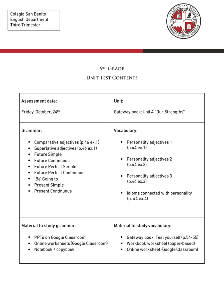 9th Grade Unit Tests Contents | PDF