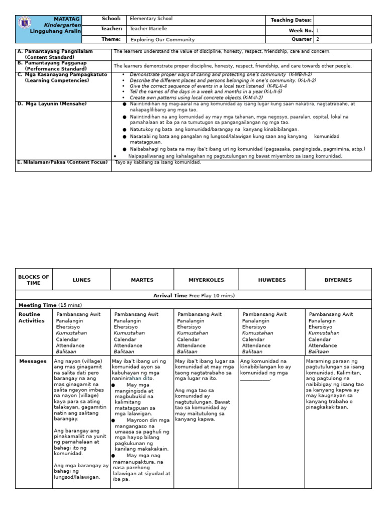 Kindergarten Quarter 2 Week 1 DLL | PDF