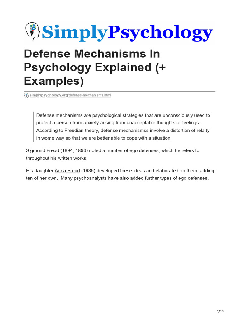 Defense Mechanisms in Psychology Explained Examples | PDF | Unconscious ...