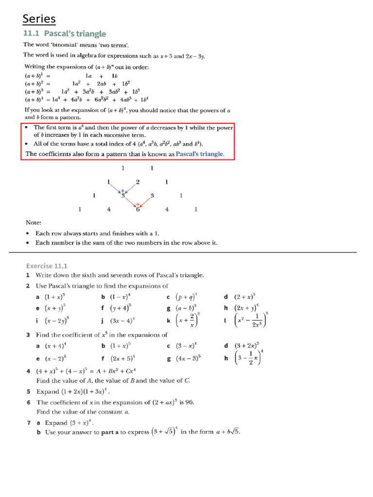 Series - Pascal's Triangle & Binomial Theorem (1 & 2. Notes & Exe) | PDF