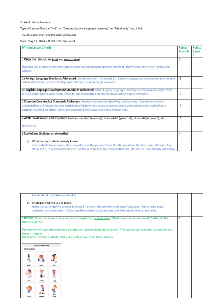 Lesson Plan - TESOL 102 - Victor Fonseca - Section3 | PDF | Educational ...