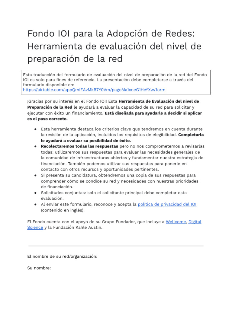 ES - IOI Fund Network Readiness Tool | PDF
