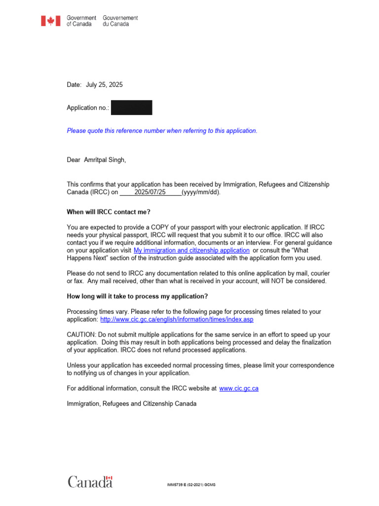 IRCC Application Confirmation Details | PDF
