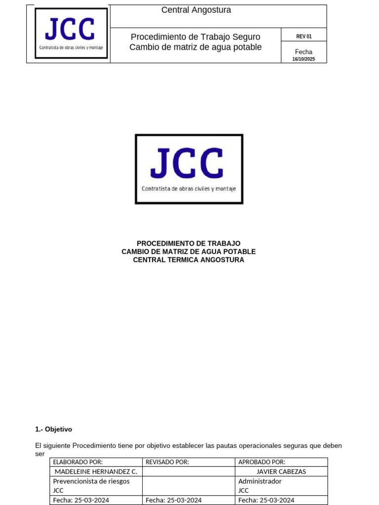 Procedimiento Seguro Cambio Matriz Agua | PDF | Agua | Herramientas