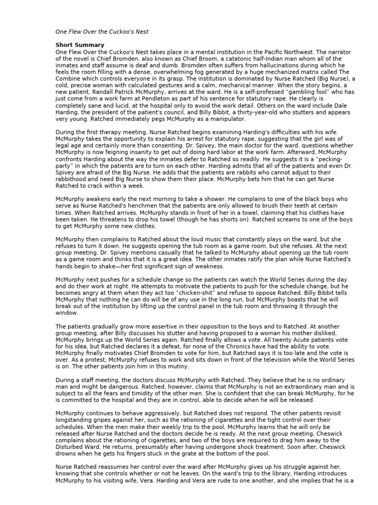 One Flew Over the Cuckoo's Nest Summary | PDF