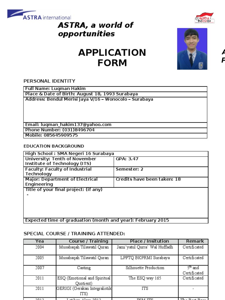 Application Form: ASTRA, A World of Opportunities | Download Free PDF ...