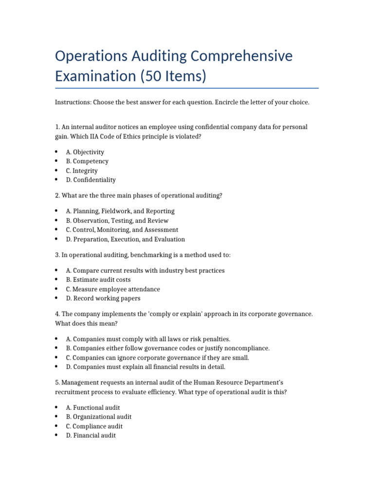Operations Auditing Exam: 50 Questions | PDF | Audit | Internal Audit