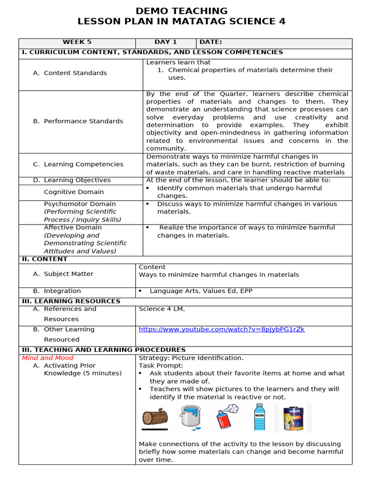 Lesson Plan: Minimizing Harmful Changes in Materials | PDF | Learning ...