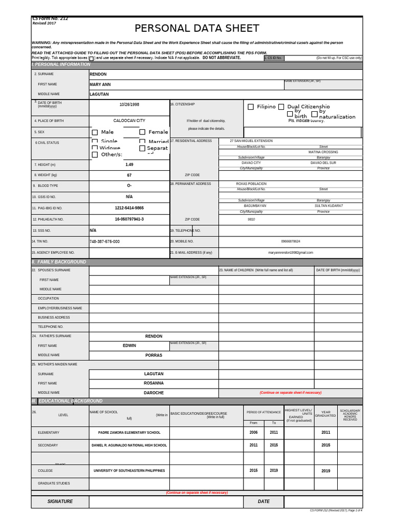 CS Form No. 212 Personal Data Sheet - Mary Ann Rendon | PDF