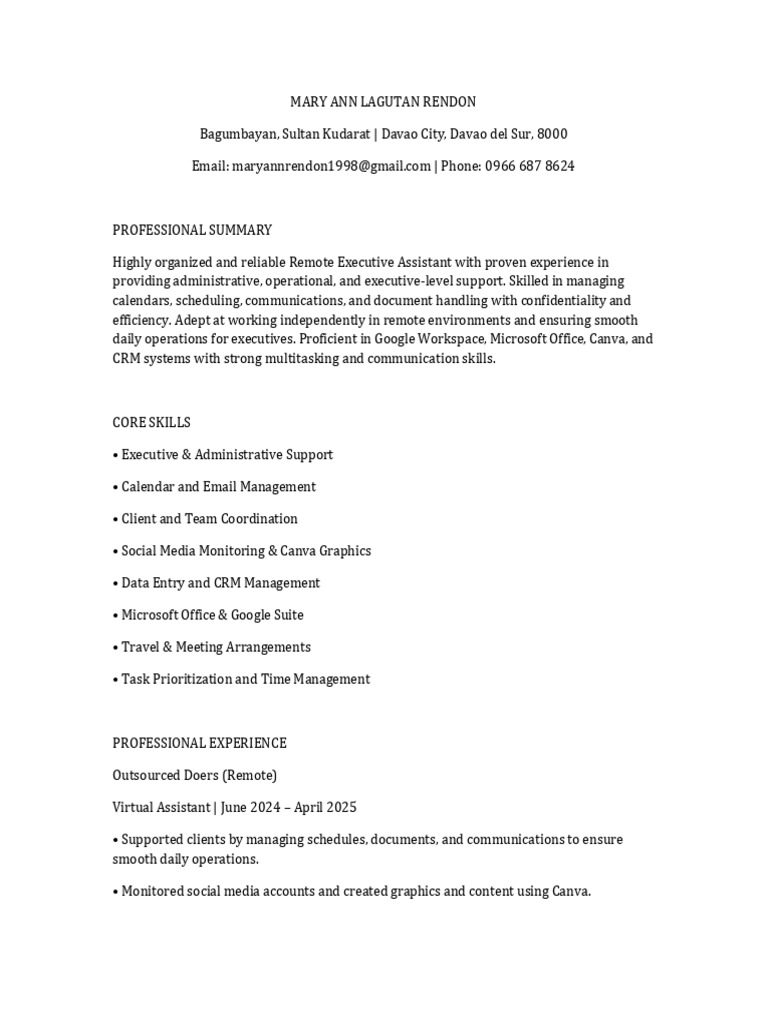 Mary Ann Rendon Remote Executive Assistant Resume | PDF | Customer ...