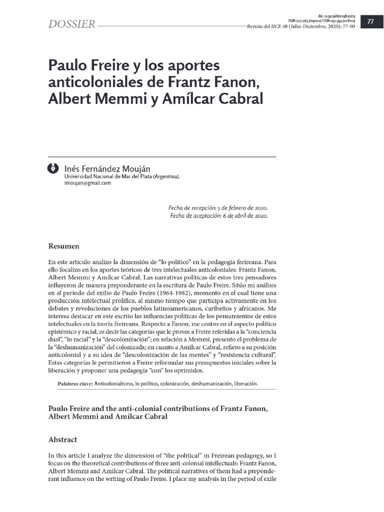 Paulo Freire y Los Aportes Anticoloniales de Frantz Fanon, Albert Memmi ...