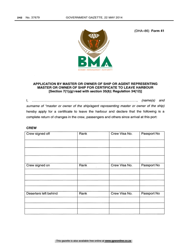 Ship Departure Certificate Application Form | PDF | Passport | Travel Visa