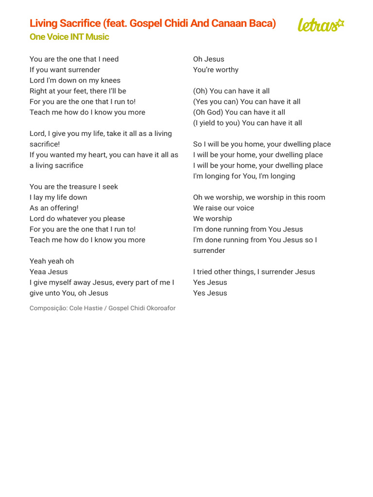 Living Sacrifice Feat Gospel Chidi And Canaan Baca One Voice Int