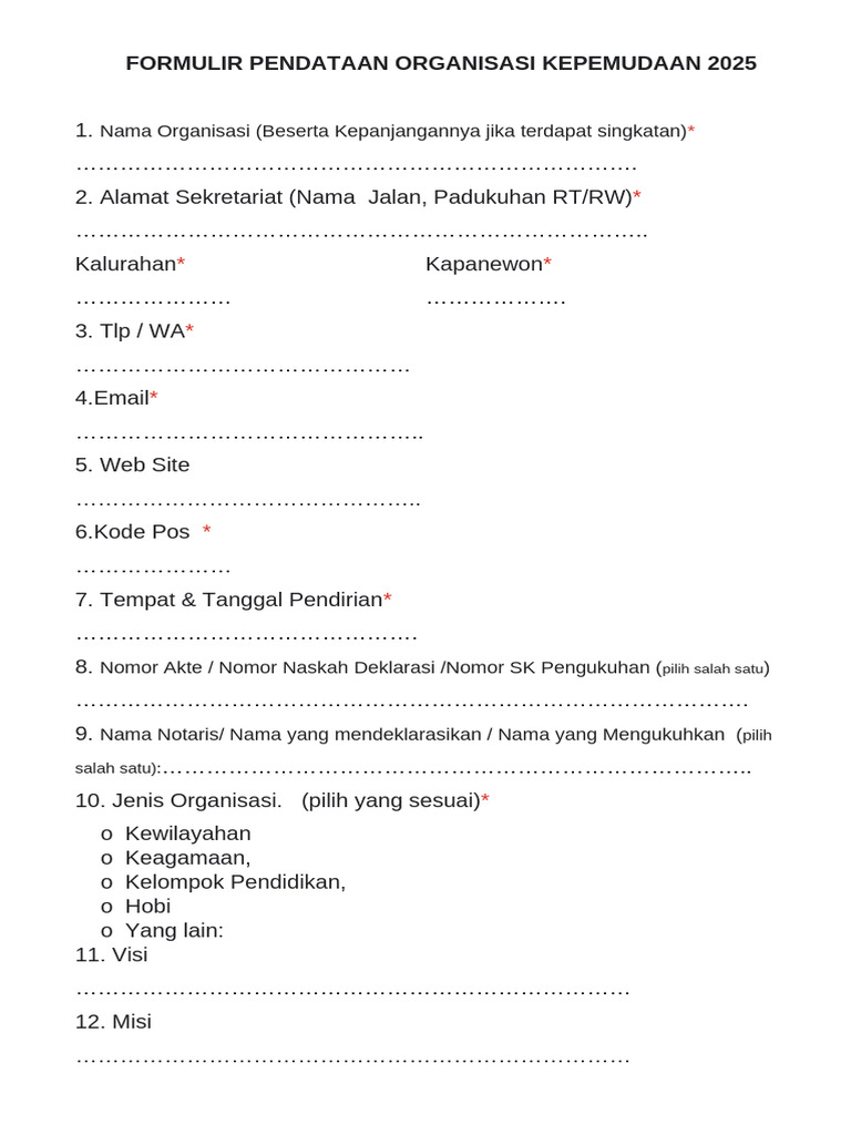 Formulir Pendataan Organisasi Pemuda 2025 | PDF