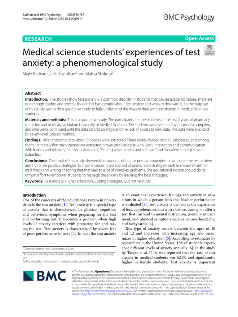 Medical Science Students' Experiences of Test Anxiety A ...