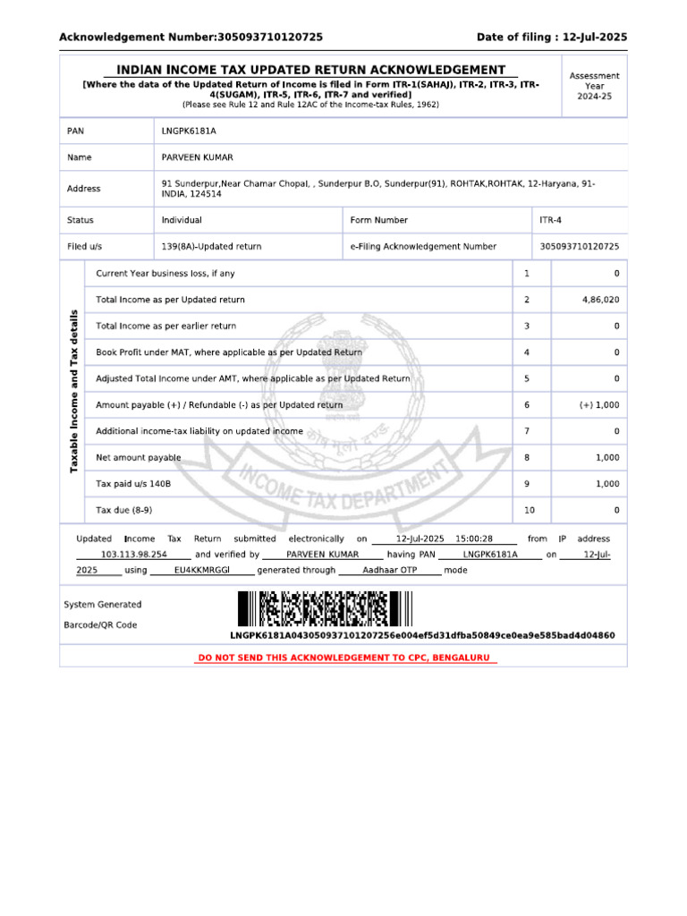 Parveen Kumar Itr 2024 | PDF