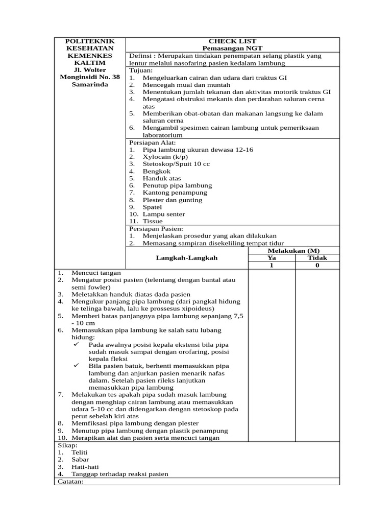 SOP Pemasangan NGT | PDF