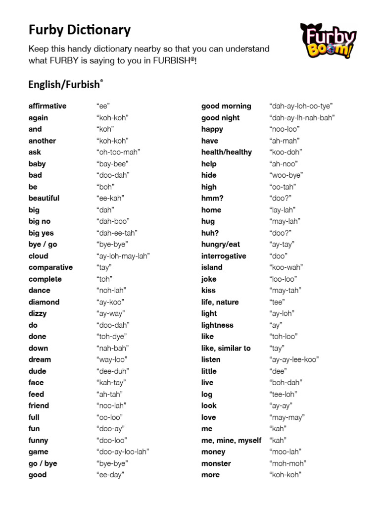 Furby Dictionary (English - Furbish Languages) | PDF