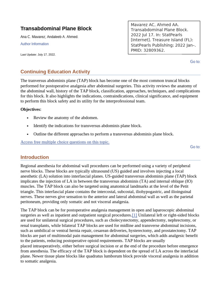 Transabdominal Plane Block Overview | PDF | Abdomen | Anesthesia