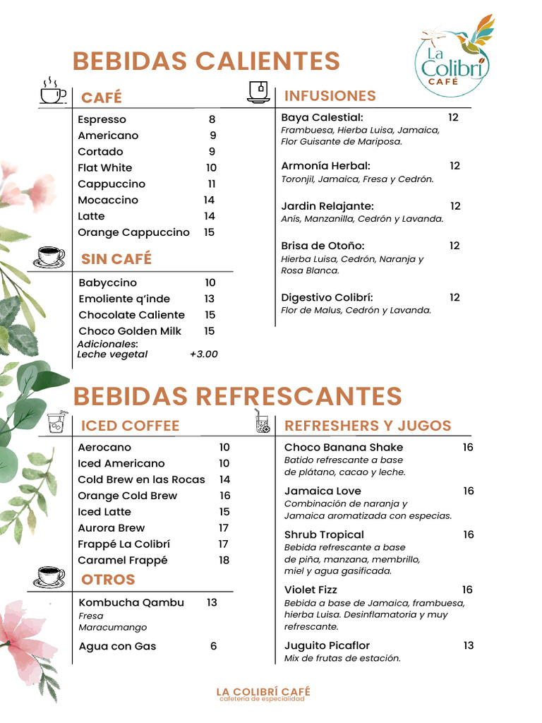 Menú de Bebidas La Colibrí Café | PDF | Postres | Cocina