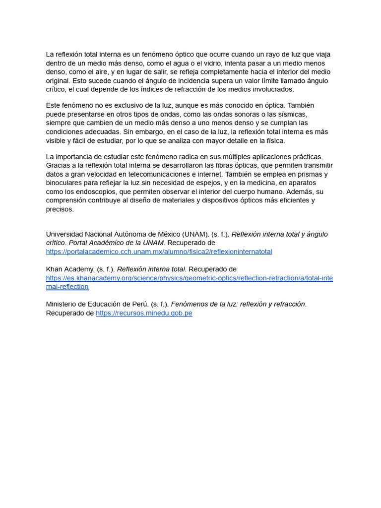 Reflexión Total Interna: Fenómeno y Aplicaciones | PDF