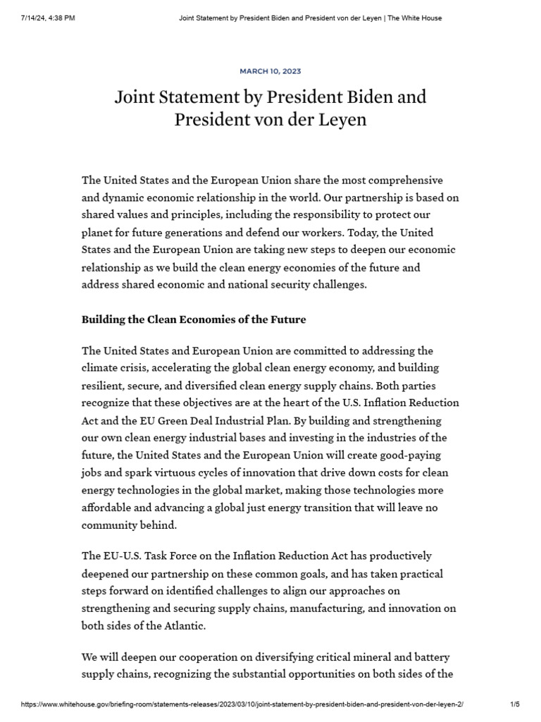 The White House - Joint Statement by President Biden and President Von ...