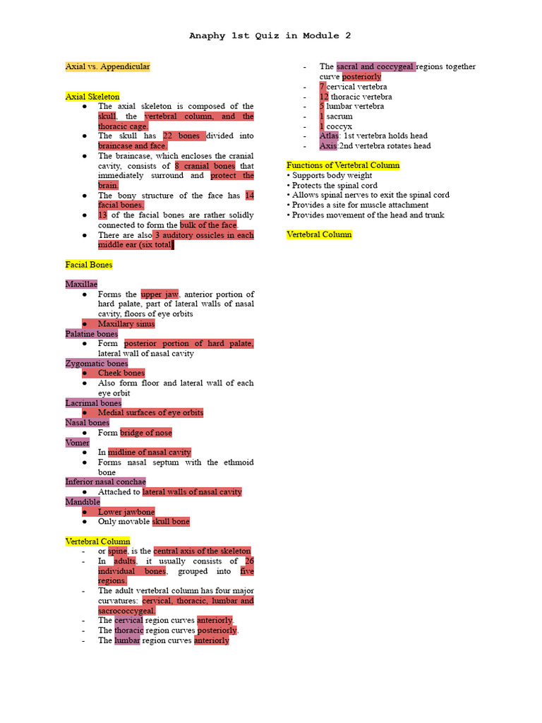Anaphy First Quiz in Module 3 | PDF | Vertebra | Human Nose