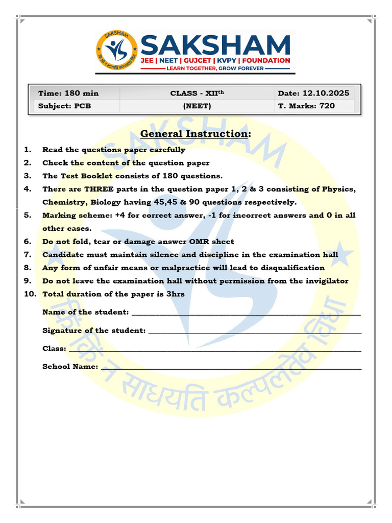 NEET Class 12 PCB Exam Guidelines | PDF | Dipole | Applied And ...