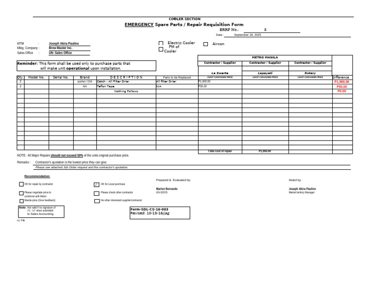 Emergency Spare Parts - Repair Requisition Form (Errf) | PDF