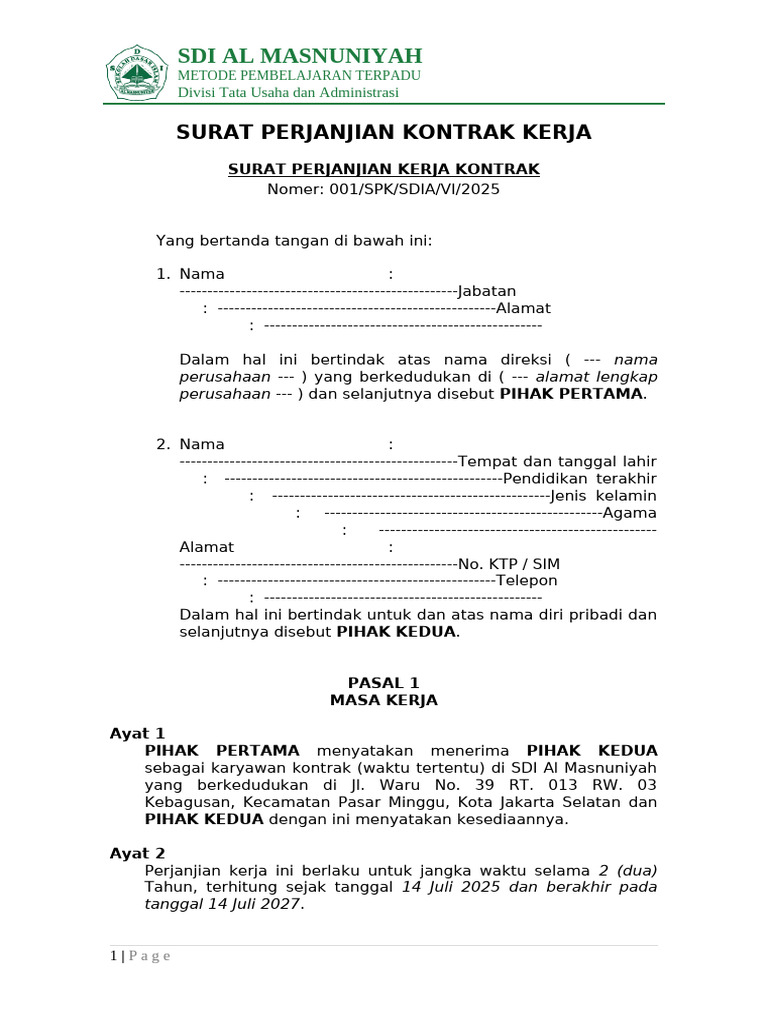 Kontrak Kerja Karyawan SDI Al Masnuniyah | PDF