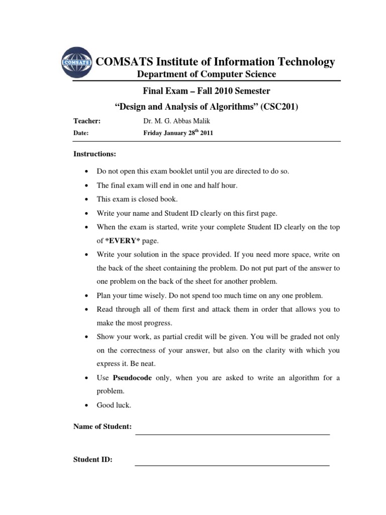 Final Exam - Design and Analysis of Algorithms - Fall 2010 Semester ...